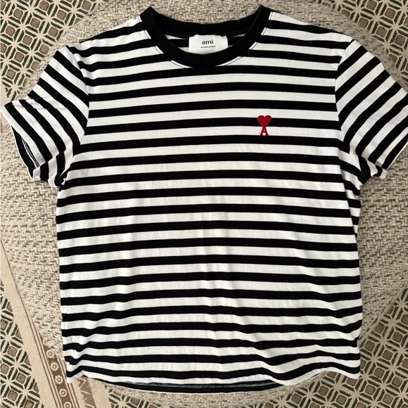 Ami | Tops | Ami Black And White Striped Tee With Red Heart | Poshmark